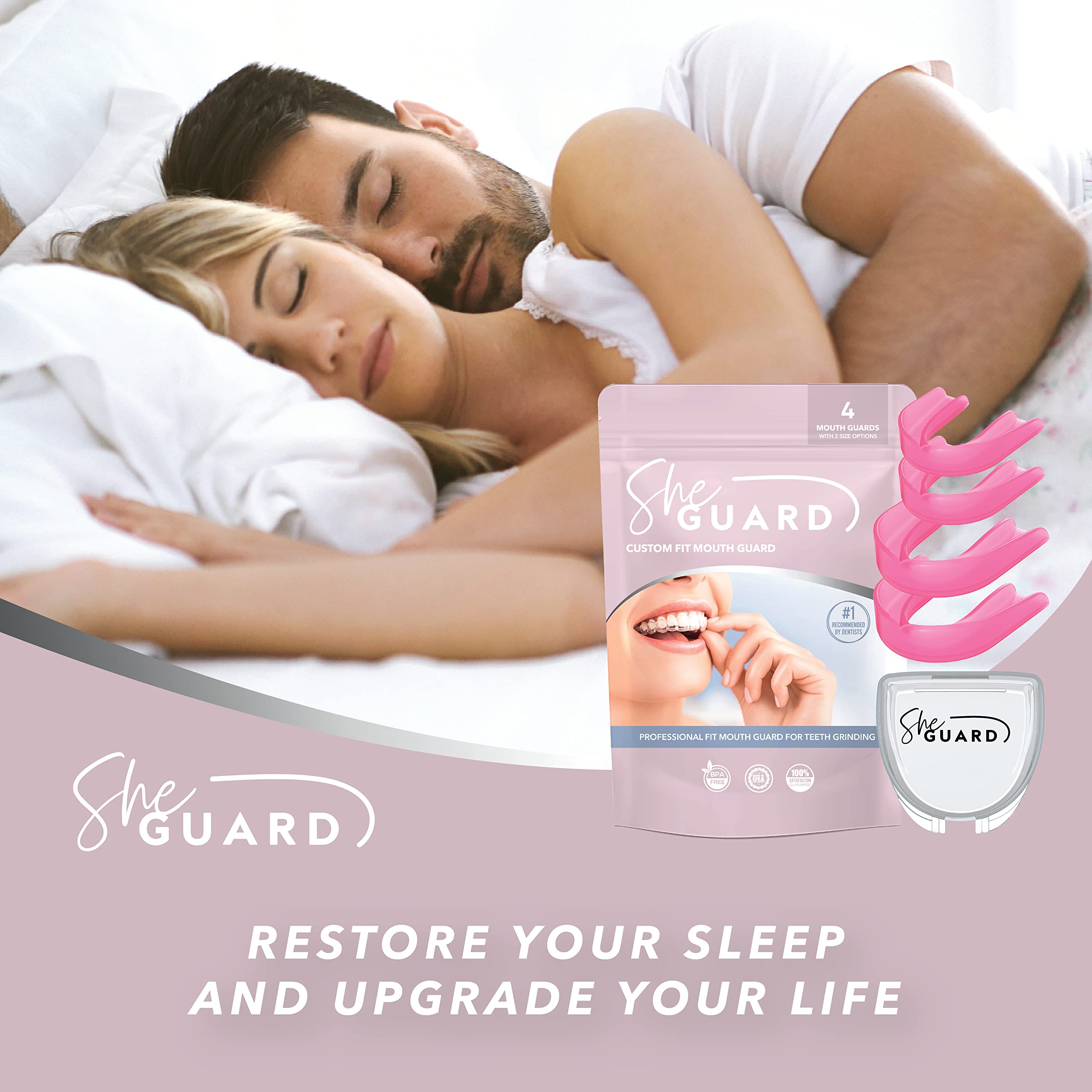 Mouth Guard - Pack of 4 Moldable Mouth Guards (Pink) for Clenching Teeth at Night, Grinding, and Bruxism - 2 Sizes includes Ventilated Storage Case
