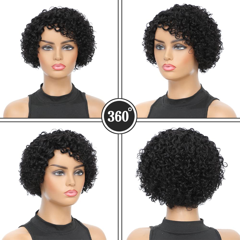 MOWCAW Short Curly Human Hair Wigs for Black Women 8 Inch Short Curly Wig Brazilian Deep Wave Side Part Pixie Cut Glueless Wigs Afro Kinky Bob Wig (Black