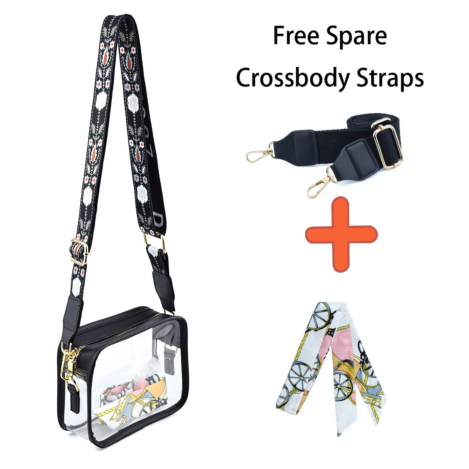 KlaOYer 2 Adjustable Strap PVC Clear Crossbody Bags with Silk, Stadium Approved Transparent Shoulder Bag Handbag Small Square Phone Bag Zipper Purse (black 2)
