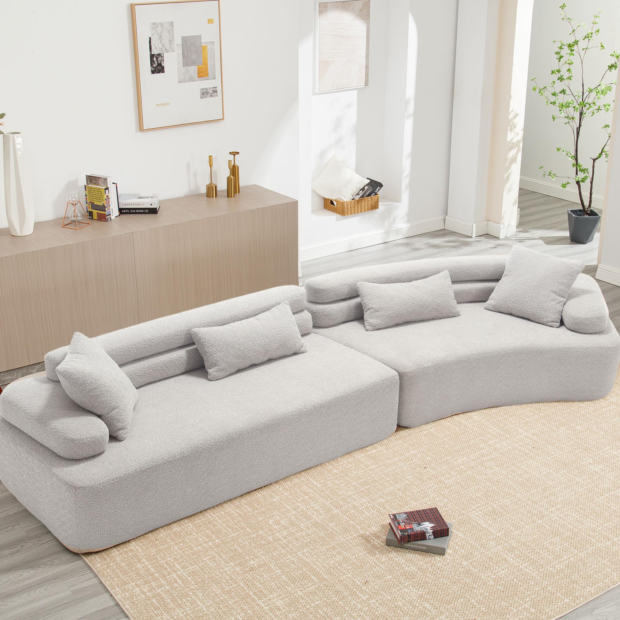 LuxyHoom 139'' Sectional Sofa Couch, Modern Modular Sofa, Minimalist Curved Sofa, 4 Pillows, 4 Seat Comfy Cloud Sofa for Living Room Furniture Set, Apartment, Hotel, No Assembly Required, Light Grey