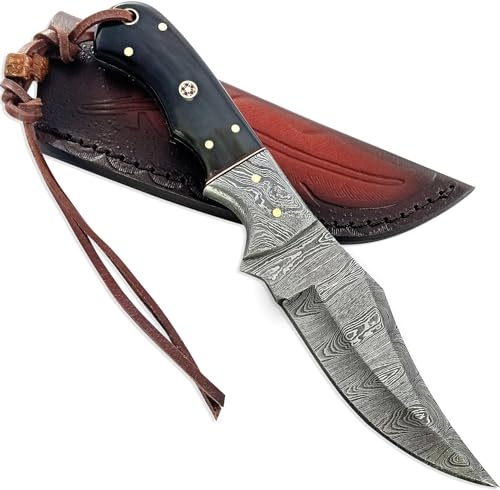 Handmade Damascus Hunting Knife with Sheath - Fixed Blade Hunting Knives for Men - Walnut Wood Handle Fixed Blade EDC Knife With Leather Sheath - Bushcraft Knives, Camping Knife Survival