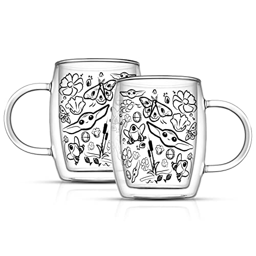 JoyJolt āNature Friendsā Grogu Coffee Mug Set of 2 Double Wall Mug. 13.5oz Large Espresso Cups or Latte Cup. Mandalorian Star Wars Mugs, Insulated Coffee Mug, Clear Glass Cups Coffee Cup Set