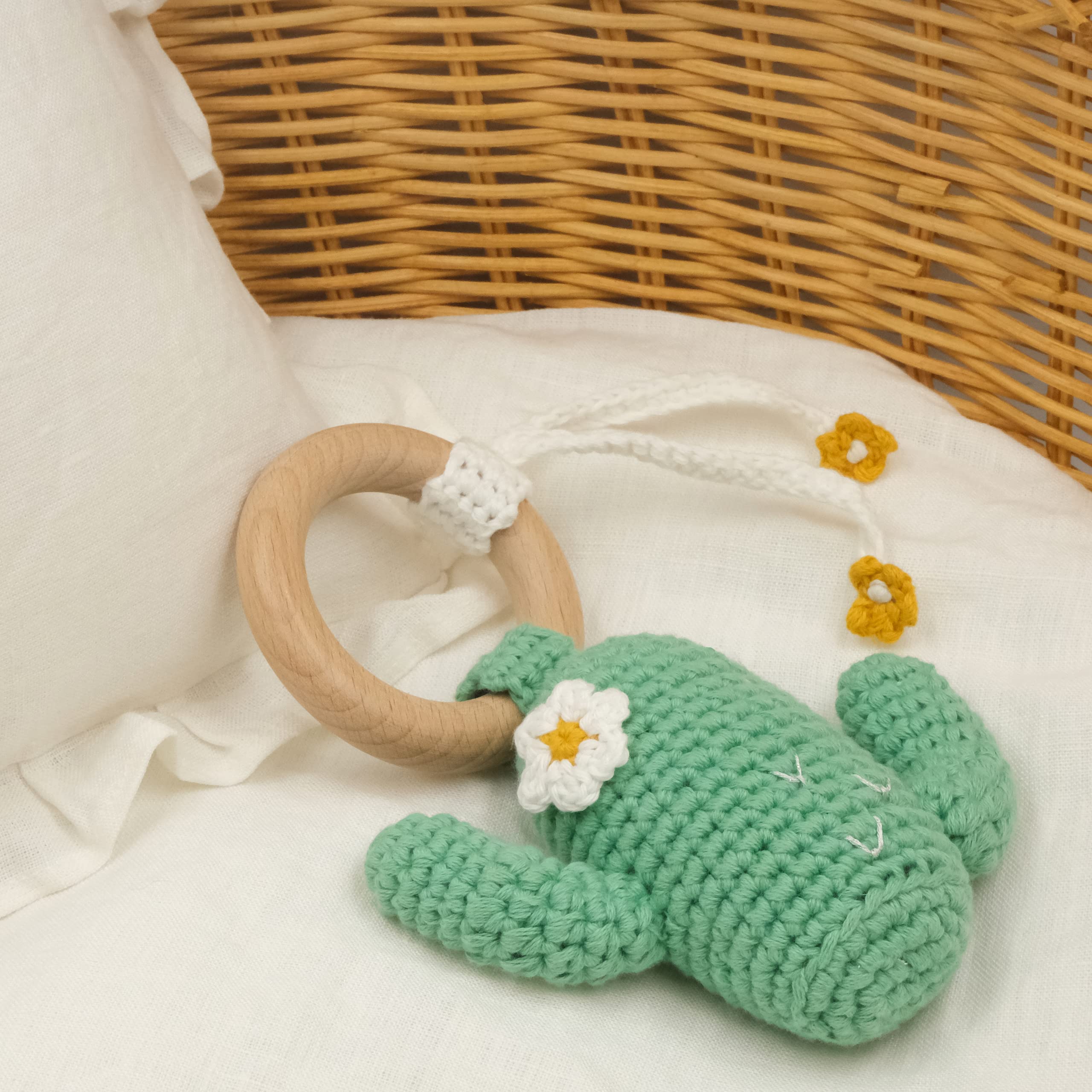 Joliecraft All Adorables Wooden Baby Rattle Crochet Hanging Toy with Teether Ring for Infants 0 3 6 9 12 Months, Cactus
