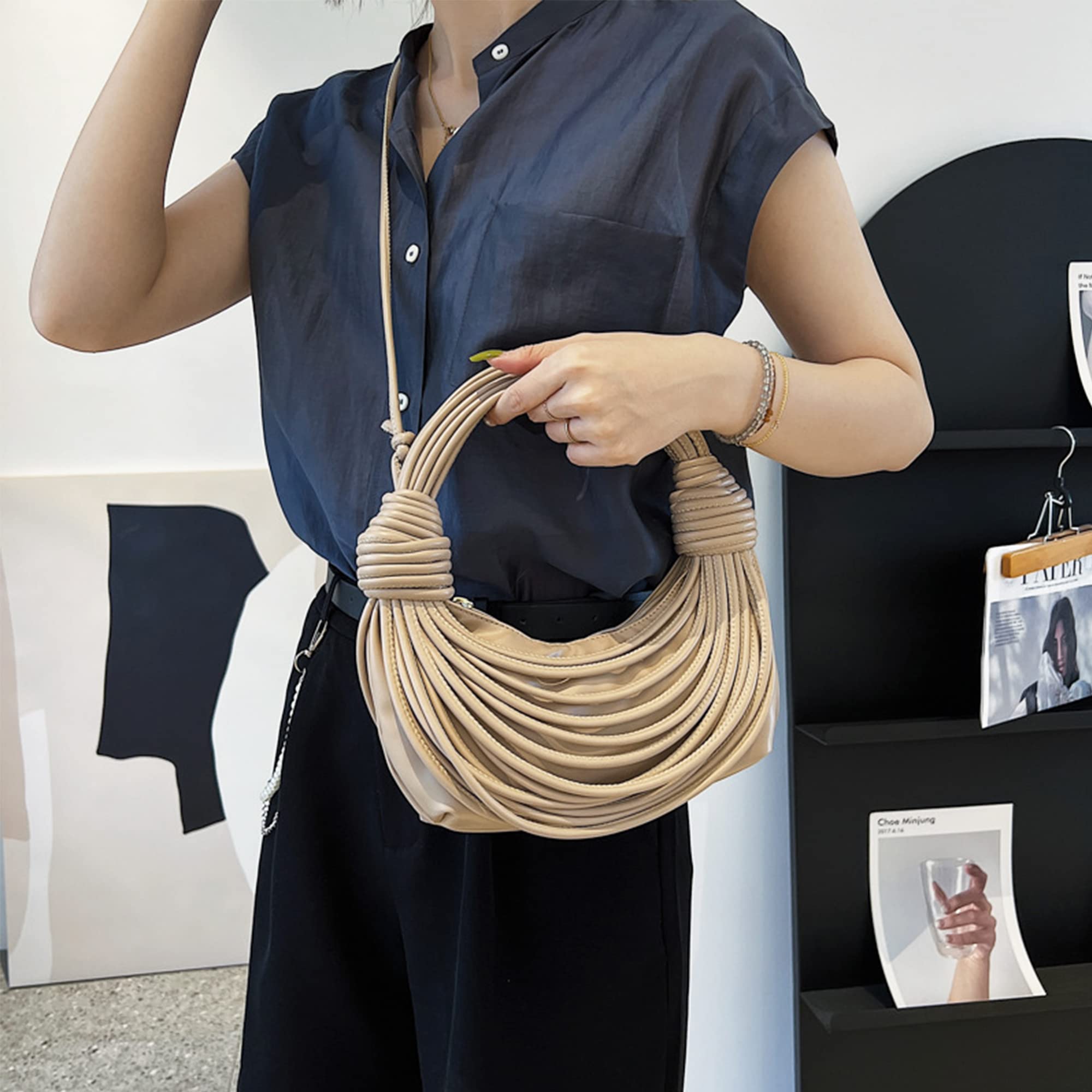 Knotted Underarm Bag for Women Ruched Hobo Handbag Noodles Top Handle Handbag Creative Hand-Woven Messenger Bag