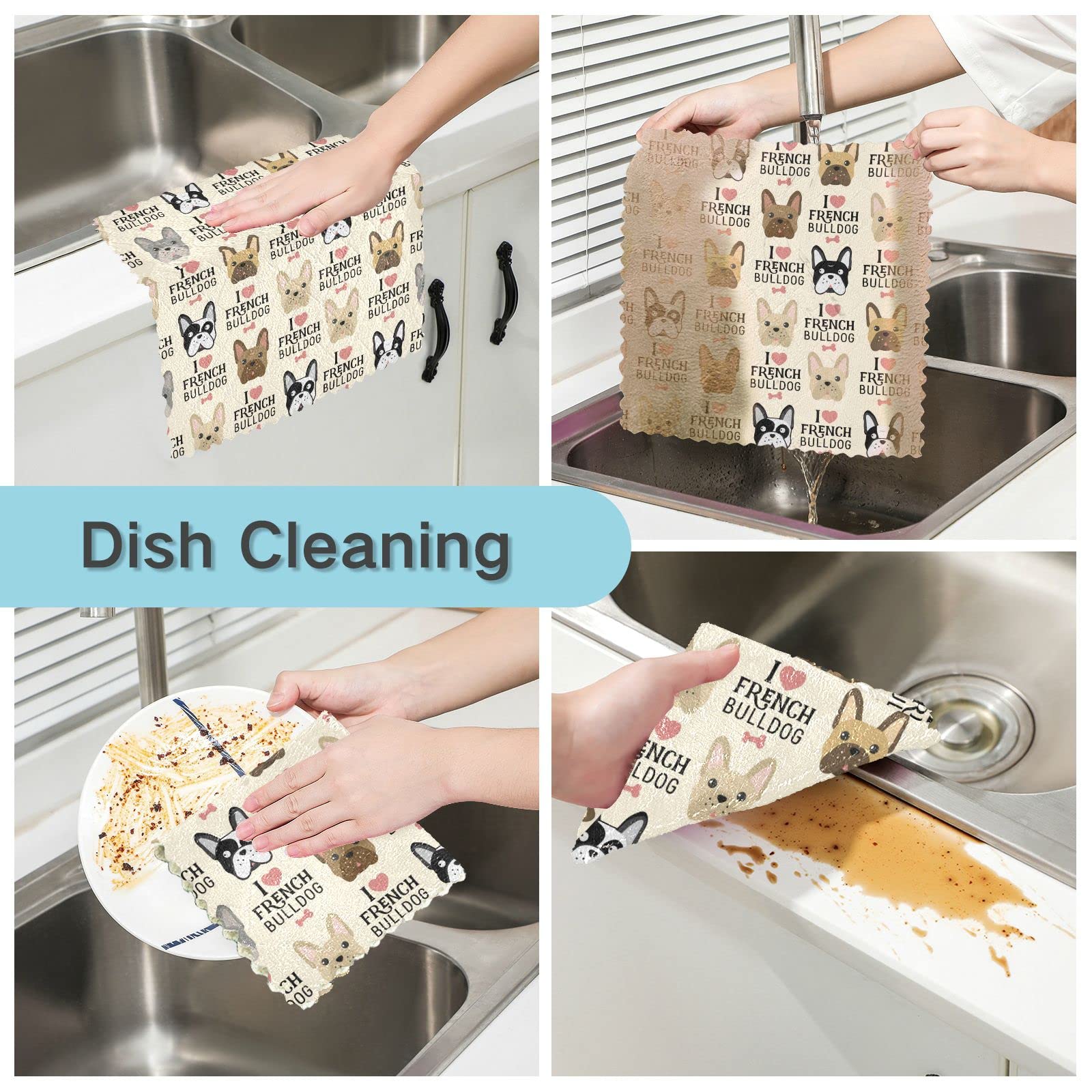 JIPONI 6 Pack Kitchen Dishcloth, Cute French Bulldog Absorbent Dish Towels Reusable Soft Cleaning Cloths 11 x 11 inch