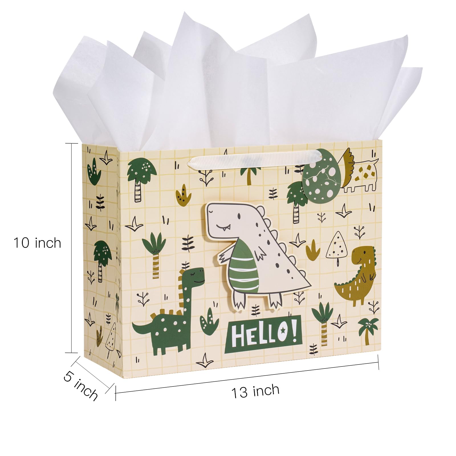Loveinside Baby Gift Bag Dinosaur and Hedgehog Design with Tissue Paper and Greeting Card for Baby Shower, New Parents, and More - 13" x 5" x 10", 1 Pcs