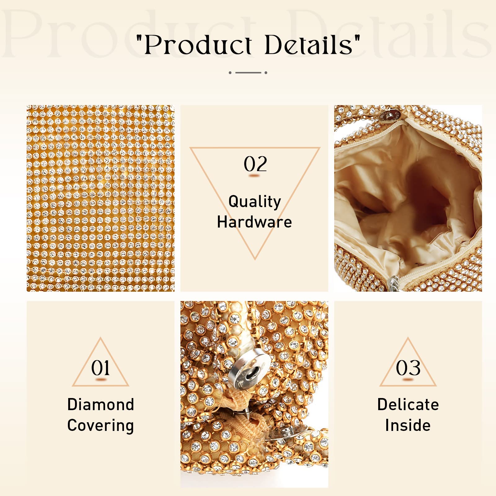 JAMBHALA Women Evening Clutch Bag Small Triangle Rhinestone Bling Wrist Purses for Party Wedding (Glod)
