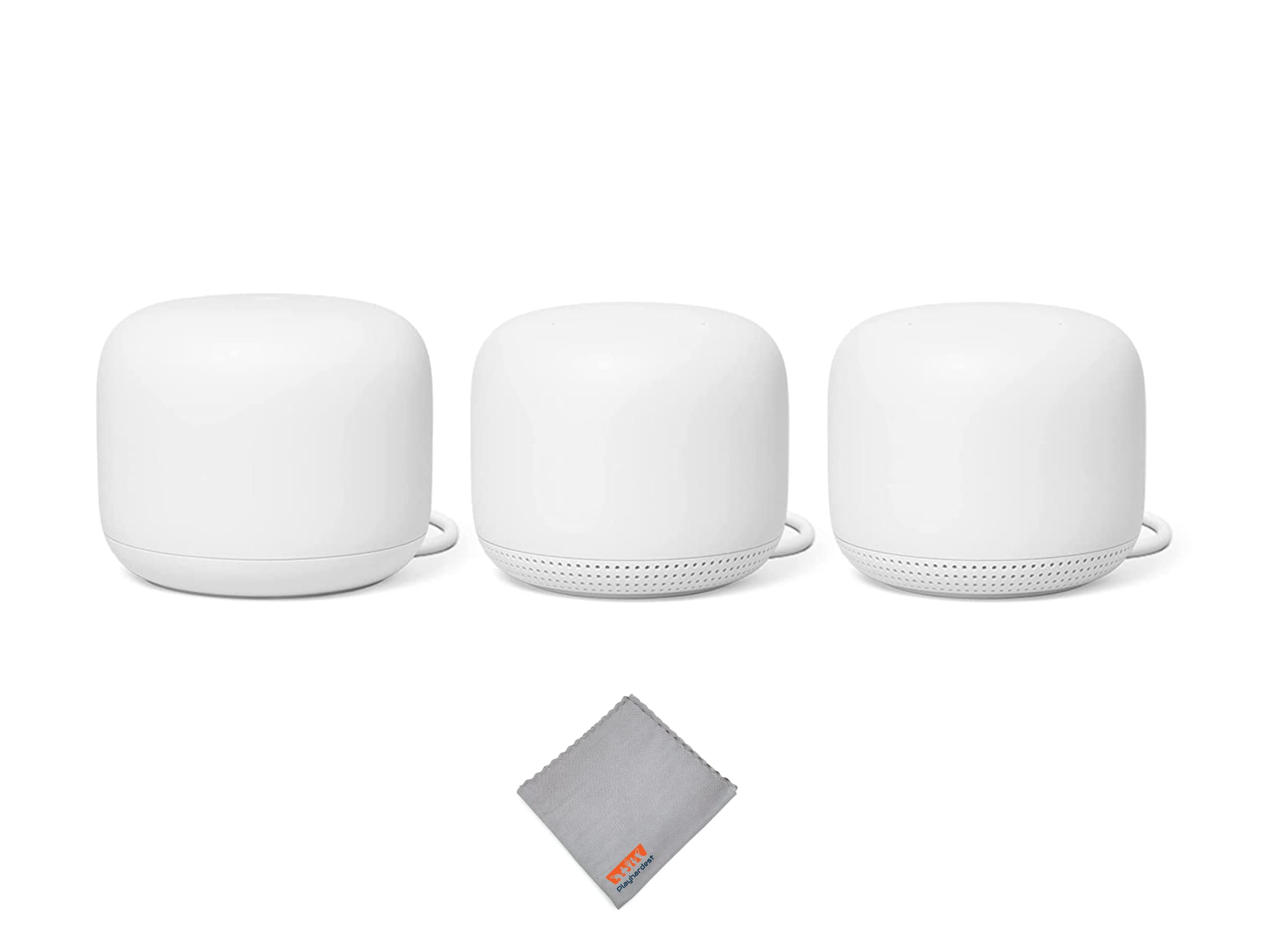 Nest Wi-Fi Mesh Router (AC2200) 3-Pack (1 Router and 2 Add-on Points with Google Assistant) - Model (GA00823-US) - Color(Snow) + Playhardest Cleaning Cloth