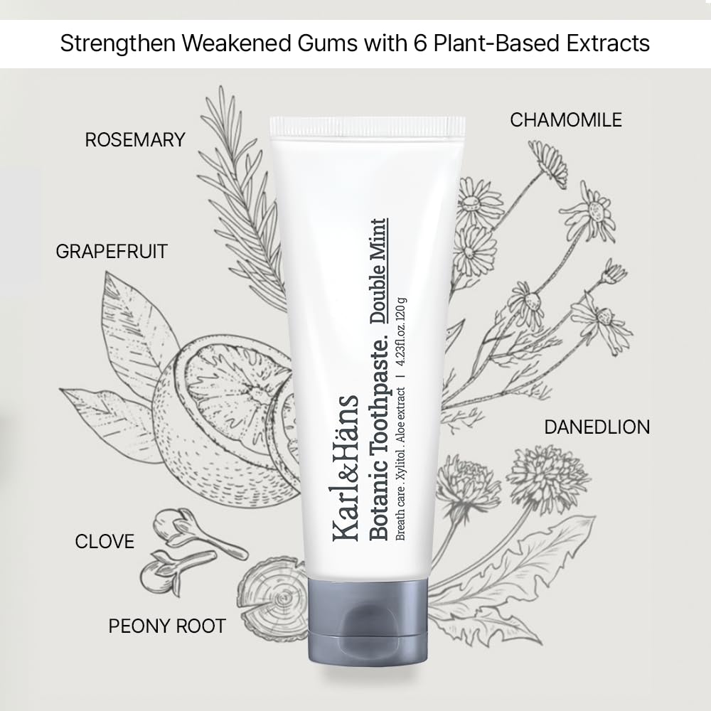 Karl&Hans Botanic Double Mint Toothpaste with Fluoride - Natural, Freshens Breath, Strengthens Enamel, Whitens Teeth, and Soothes Sensitive Teeth with Xylitol and Aloe Extracts, 4.23 oz