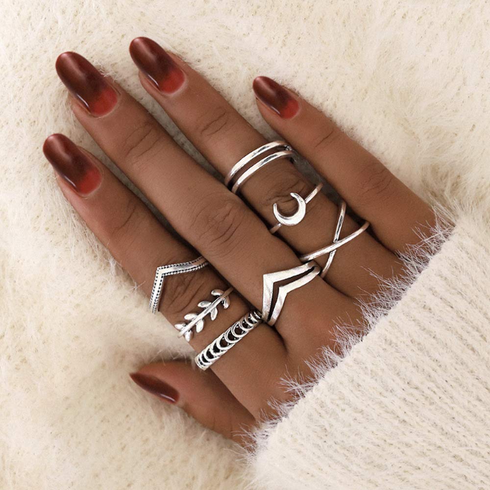 Knuckle Rings Silver Ring Set for Women Boho Stackable Rings Thumb Middle Finger Ring for Girls Leaf Moon Chain Rings 7Pcs