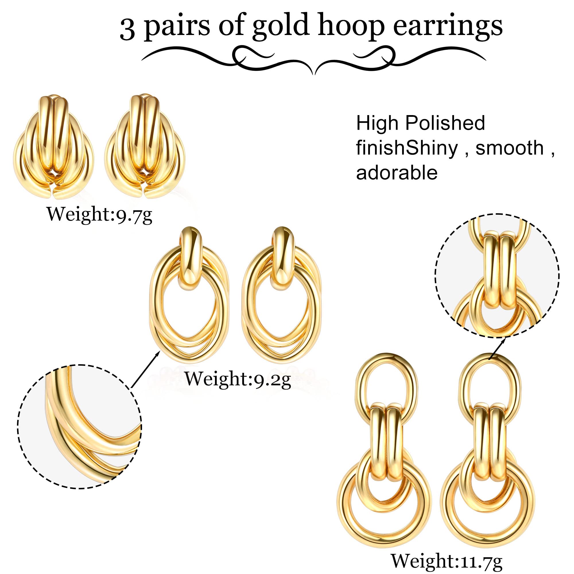 Mevorimp 3 Pairs Gold Hoop Drop Earrings Geometric Double Circle Knot Dangle Chunky Long Chain Statement Earring Sets for Women Birthday Gifts
