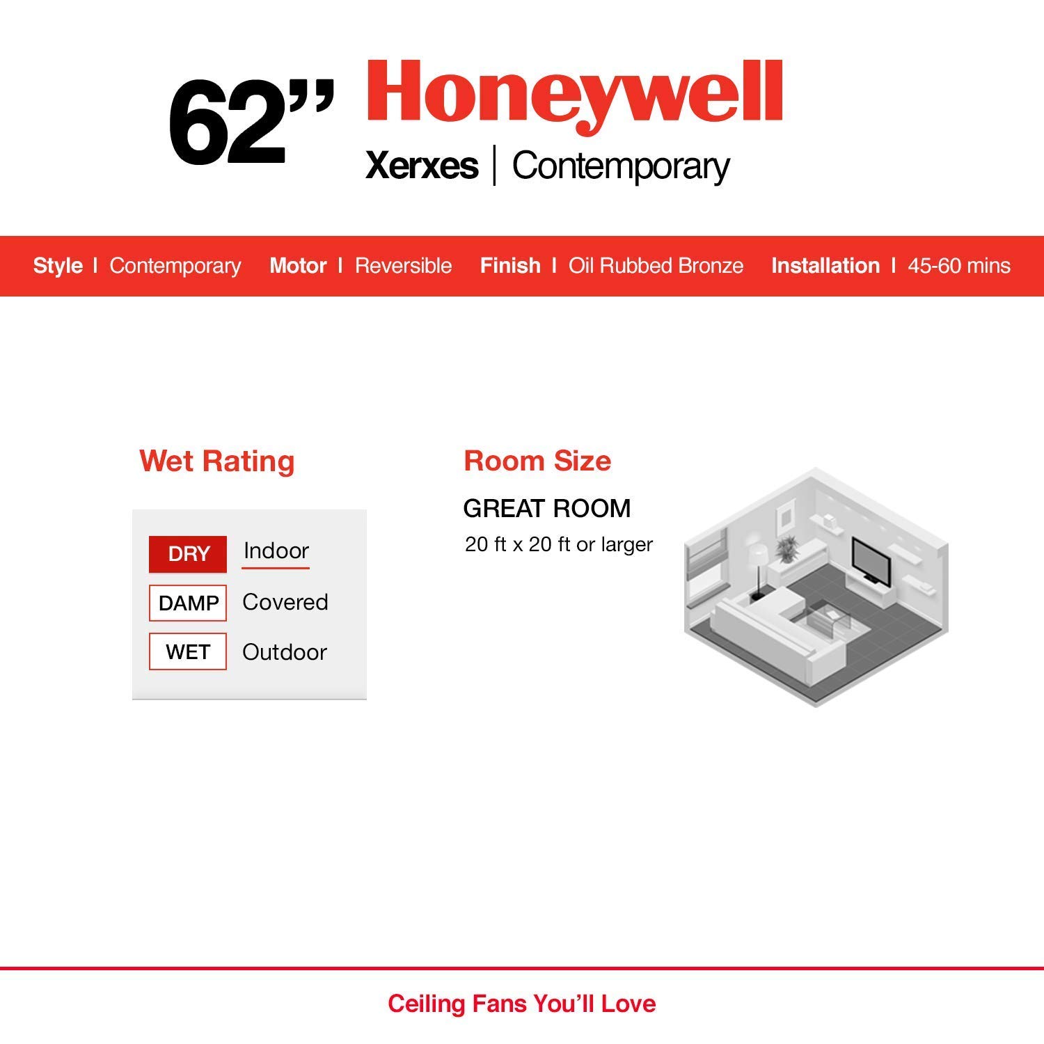 Honeywell Ceiling Fans 50609-01 Xerxes Ceiling Fan, 62, Oil Rubbed Bronze (Renewed)