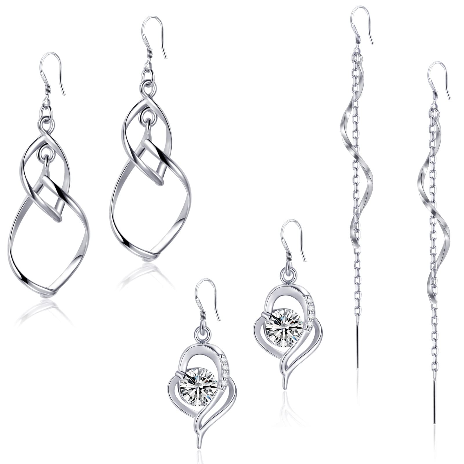 Mevorimp 3 Pairs Sterling Silver Dangle Earrings for Women Twist Linear Drop Statement Fringe Earring Sets for Women Jewelry Gifts