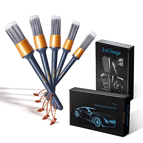 LitOrange Car Detailing Brush Set- 5 PCS Different Sizes PET&PPT Mixed Fiber Plastic Handle Automotive Detail Brushes for Cleaning Interior, Exterior, Wheels, Rims and Leather