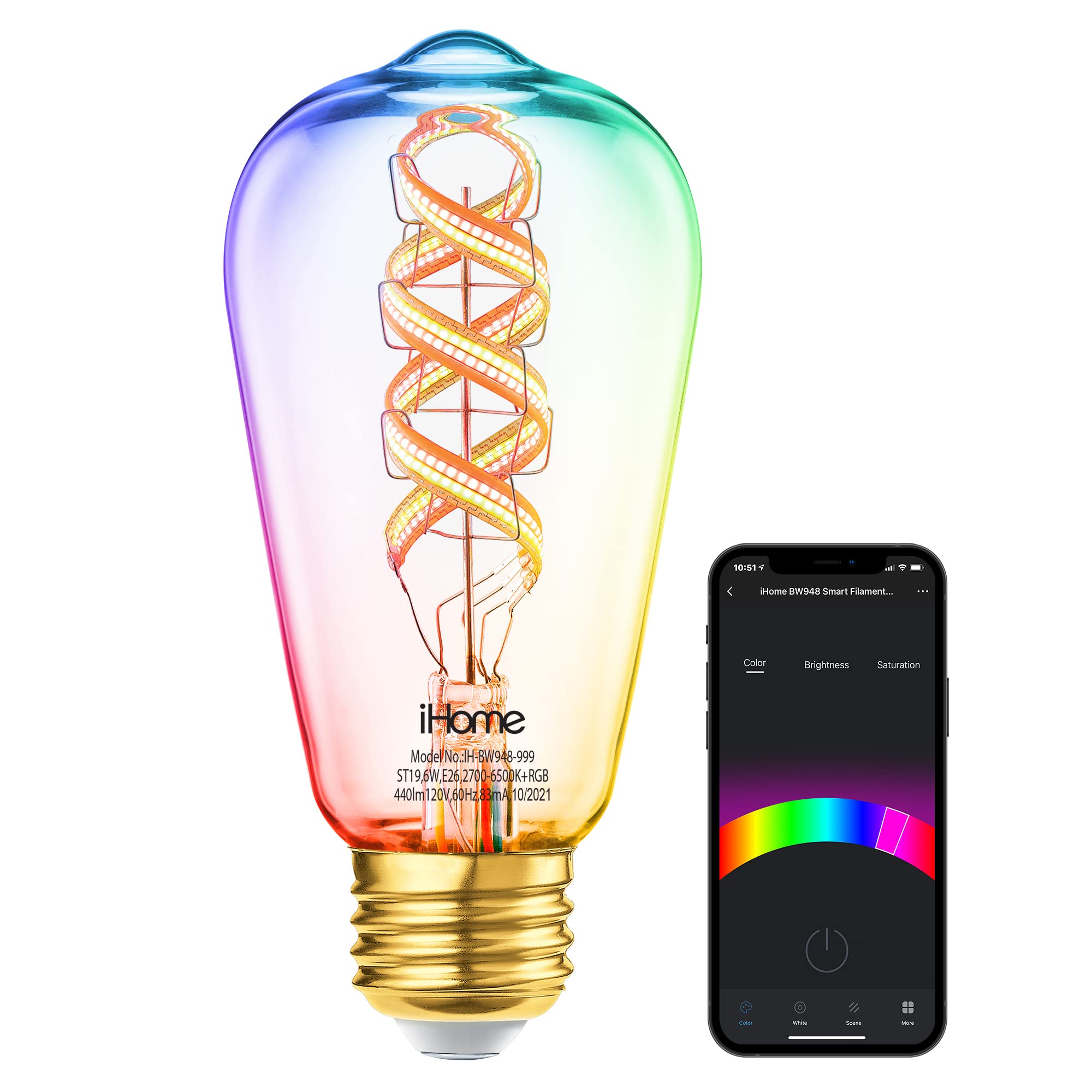 iHome Spectra Smart Spiral Edison RGBW Multicolor LED Light Bulb, ST19/E26, 440 Lumens, 5.5W (40W Equivalent), Tunable and Dimmable Color Changing WiFi Smart Bulb, Works with Alexa and Google Home
