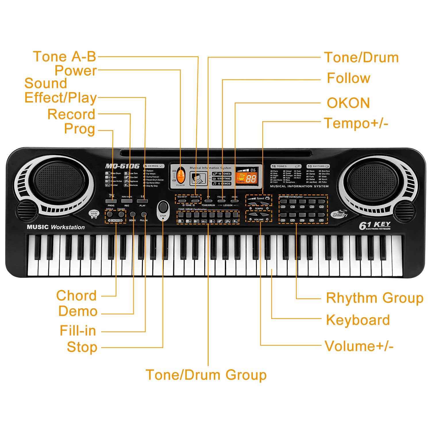 KOCASO Piano Keyboard 61 Keys Digital Music Electronic Keyboard Electric Piano Musical Instrument Kids Learning Keyboard with Microphone For Beginners Kids Girls Boys