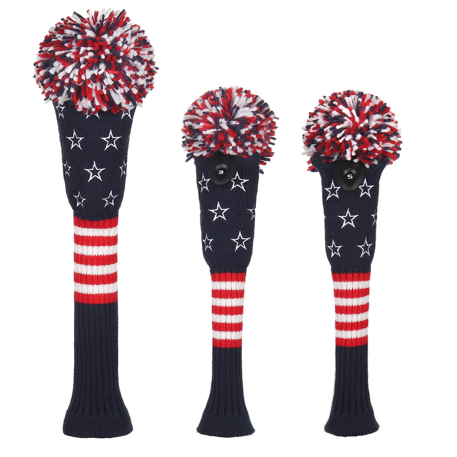 Golf Head Covers (3PCS) Driver Fairway #3#5 Knit Pom Pom White Blue Red USA Flag Desin with Number Tag