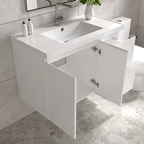 JPND 36" White Bathroom Single Hole Integrated Sink/Countertop, Drop-in Self-Rimming Rectangular Bathroom Vanity Sink Top, 36.38"W x 19.13"D x 7.5"H