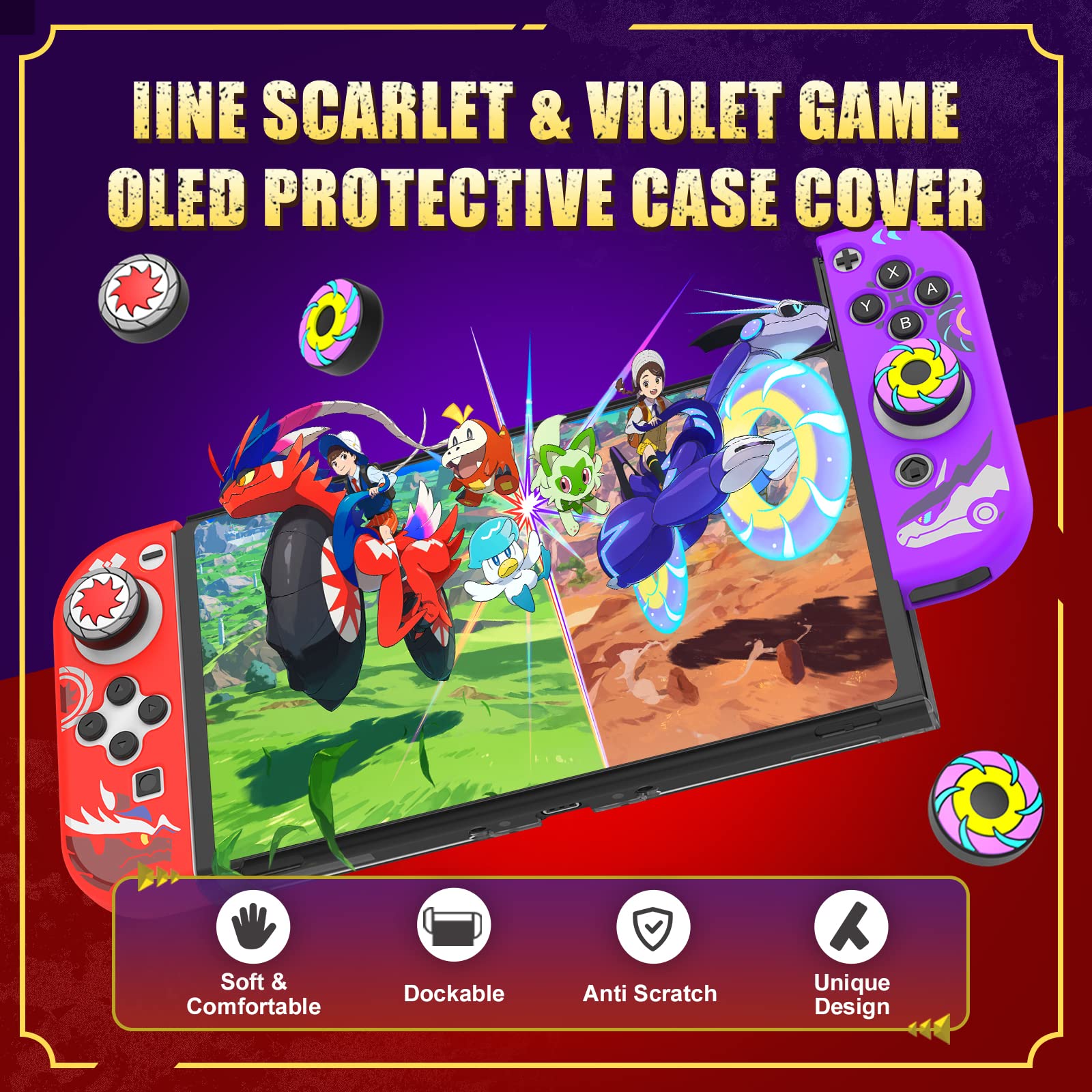 IINE Dockable Case Set for Nintendo Switch OLED, with Game Theme Print 5 in 1 Protective Case Cover Fit The Dock Station Package with 2pcs Soft Thumb Grip Covers