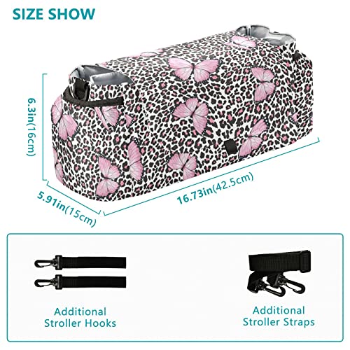 Kigai Pink Butterfly and Leopard Baby Stroller Organizer with Cup Holders, Secure Hooks Accessories Adjustable Strap Stroller Bag for Bottle, Diaper, Phone, Toys, Baby Items