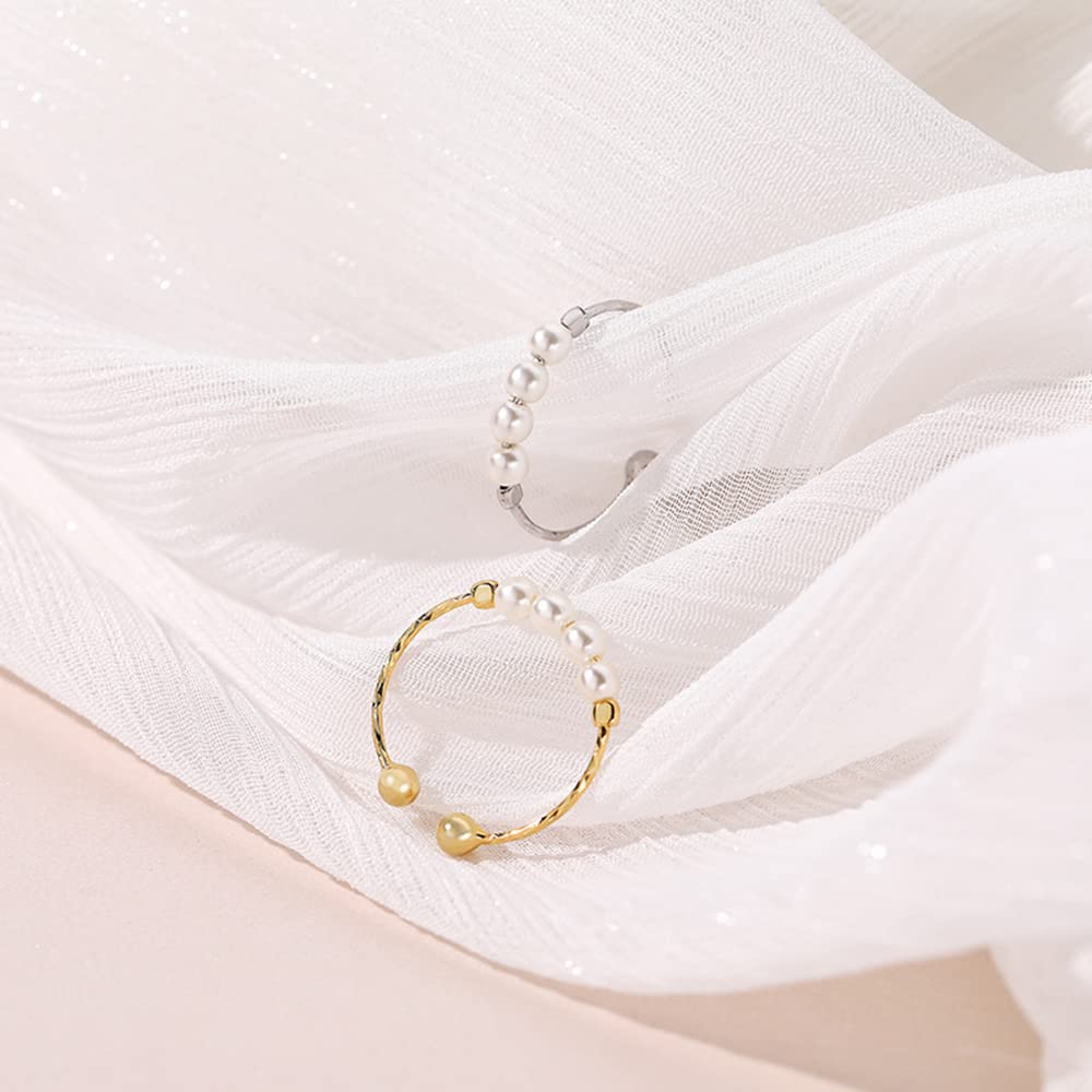 HUIZIUYUQI Tiny Pearl Thin Small Open Rings for Women 925 Sterling Silver Adjustable Dainty Statement Pinky Knuckle Rings Party Birthday Jewelry Gifts 2 PCS Set 7#