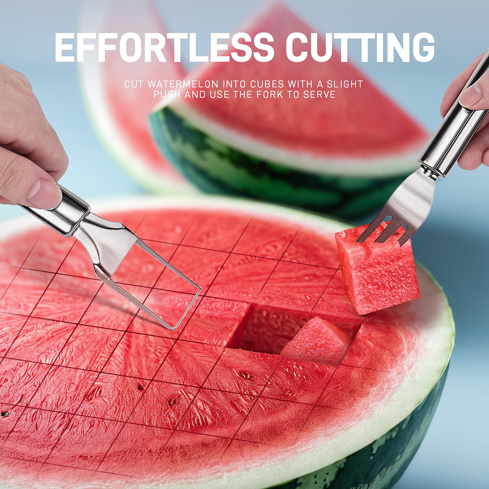 KMOSENIA Watermelon Fork Slicer Cutter, 2-In-1 Stainless Steel Fruit Cutter Tool, Kitchen Gadgets 2024, Household Essentials, Home Finds, Watermelon Slicer For Home Kitchen Party Camping Kitchen (2)