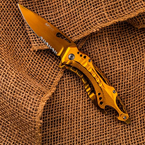 MTech USA β Spring Assisted Folding Knife β Partially Serrated Gold TiNite Coated Stainless Steel Blade, Gold TiNite Coated Aluminum Handle, Pocket Clip, Tactical, EDC, Self Defense- MT-A705GD