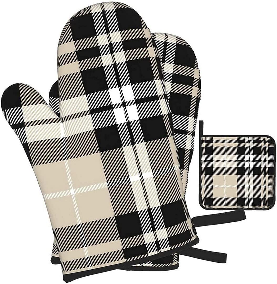 JKKL Fall Plaid Tan Black White Pattern,3pcs Oven Mitts and Pot Holders for Kitchen,Cooking,Baking,Grilling,BBQ