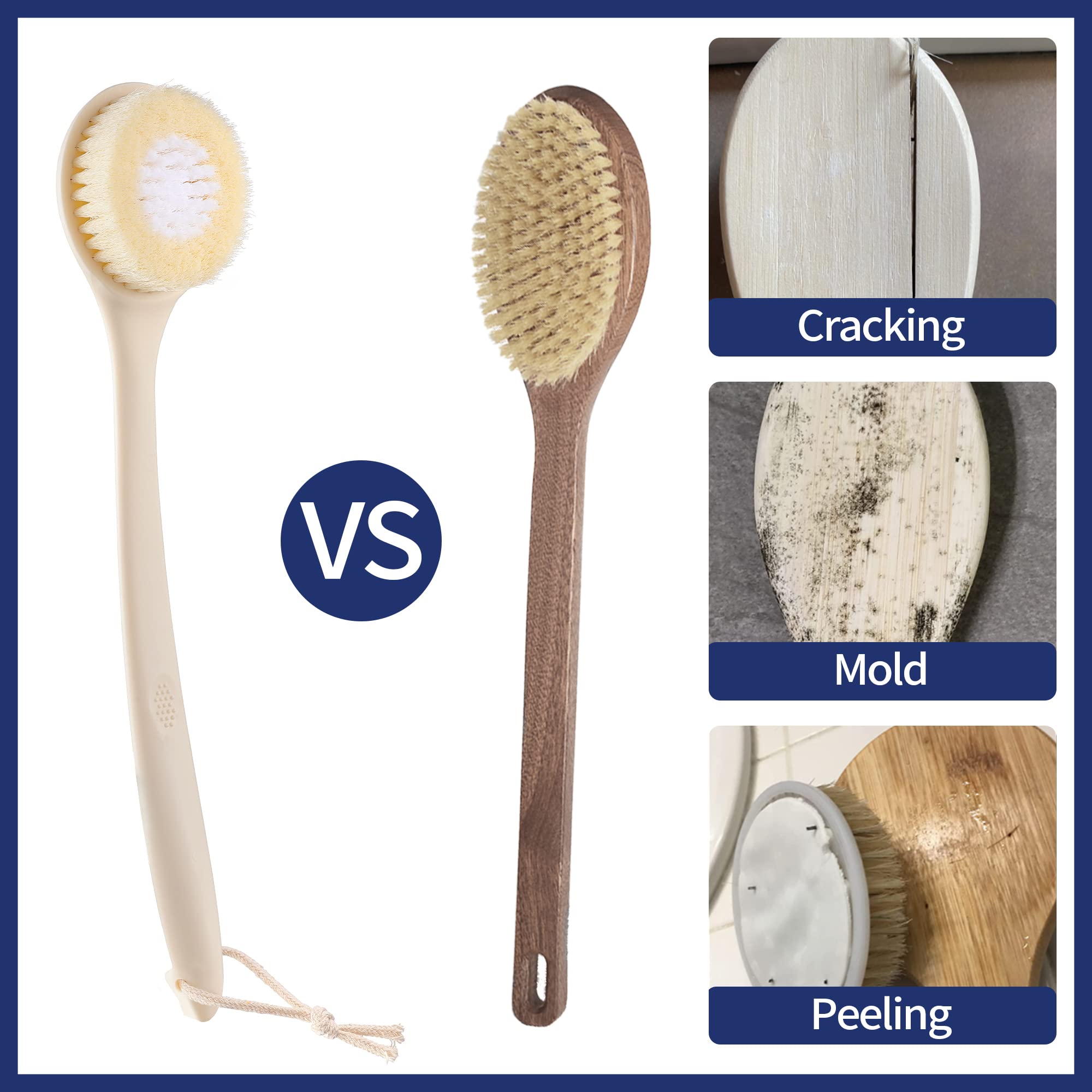 KUMBAZZ Back Bath Brush for Shower - Never Mold Bath Back Brush Back Scrubber for Shower,Wet or Dry Brushing,Shower Brush for Men & Women (Ivory)