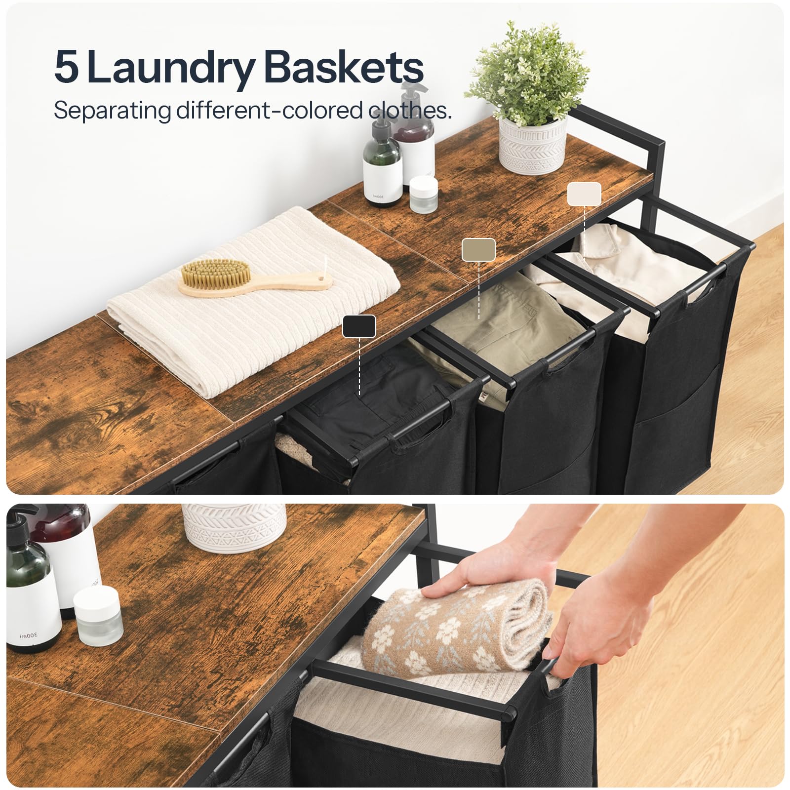 HOOBRO Laundry Sorter 5 Sections, Laundry Hamper, Laundry Basket with Wheels, 5 × 10.5 Gallon (39.8L), Rolling Cart, Pull-Out and Removable Oxford Fabric Laundry Bags, Rustic Brown and Black BF07XY01