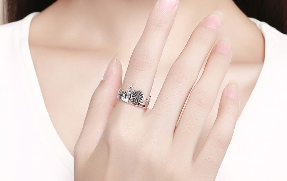 HUKQBUNX 925 Sterling Silver Exquisite Unique City Castle Sky City Punk Art Geometric Gear Crown Ring Lady Fresh Ring Opening Adjustment