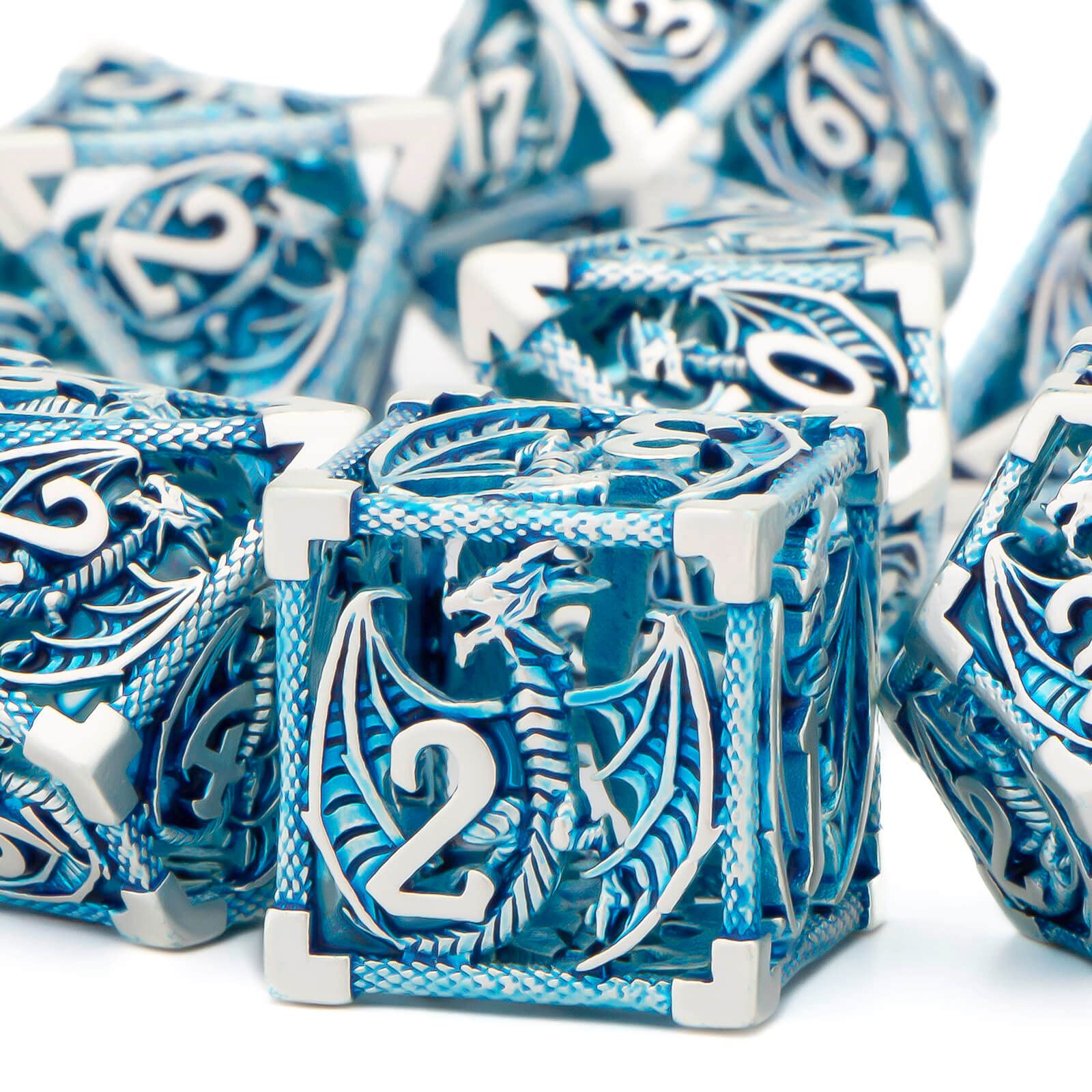 KERWELLSI Hollow Metal DND Dice Set, Dungeons and Dragons Dice Set with Gifts Box, 7pcs D&D Dice Set, Polyhedral Dice Set for RPG Role Playing Game, RPG D and D Dice D20 D12 D10 D8 D6 D4 (Blue)