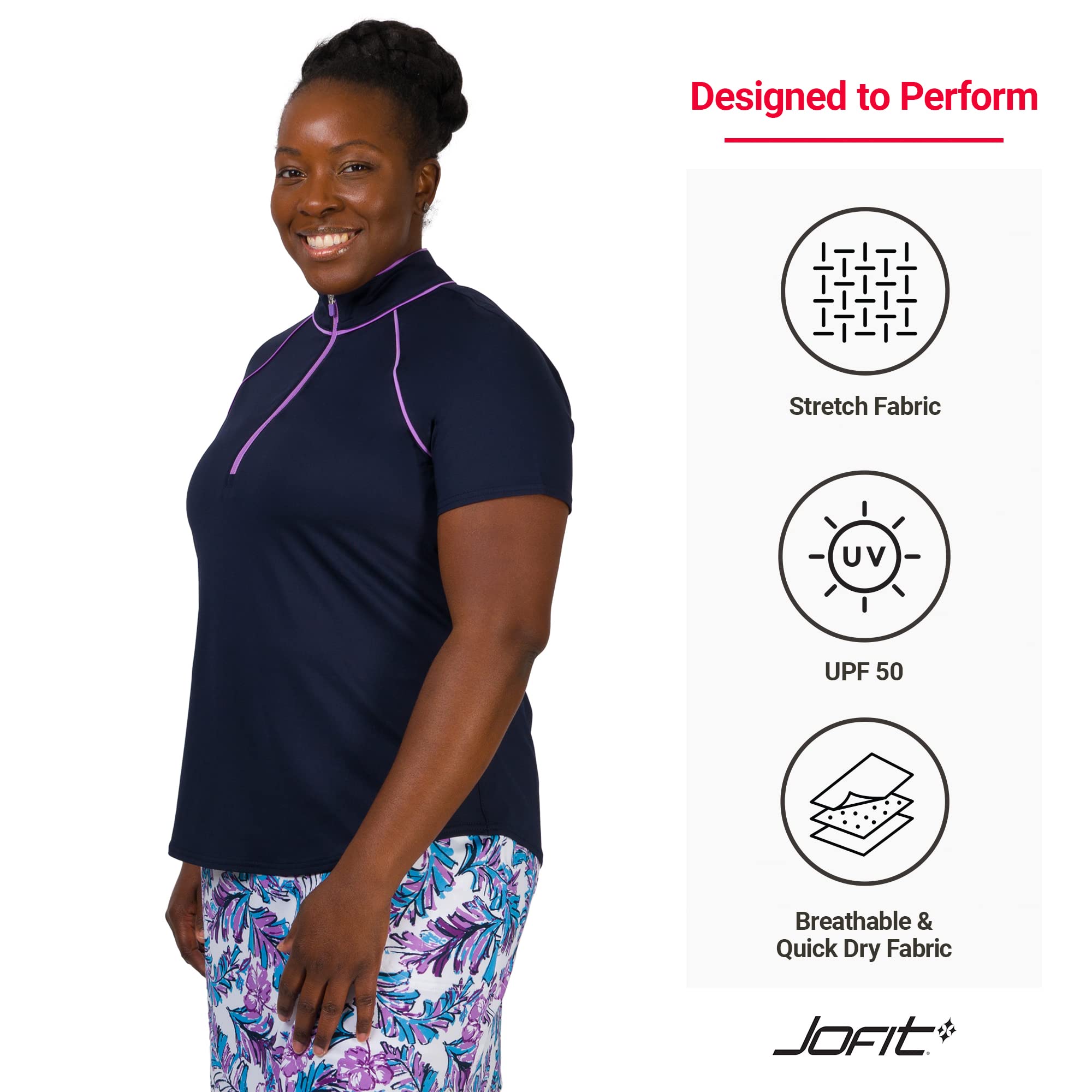 Jofit Apparel Women’s Athletic Clothing Short Sleeve Tipsy Top for Golf & Tennis, Size Medium, Midnight Blue