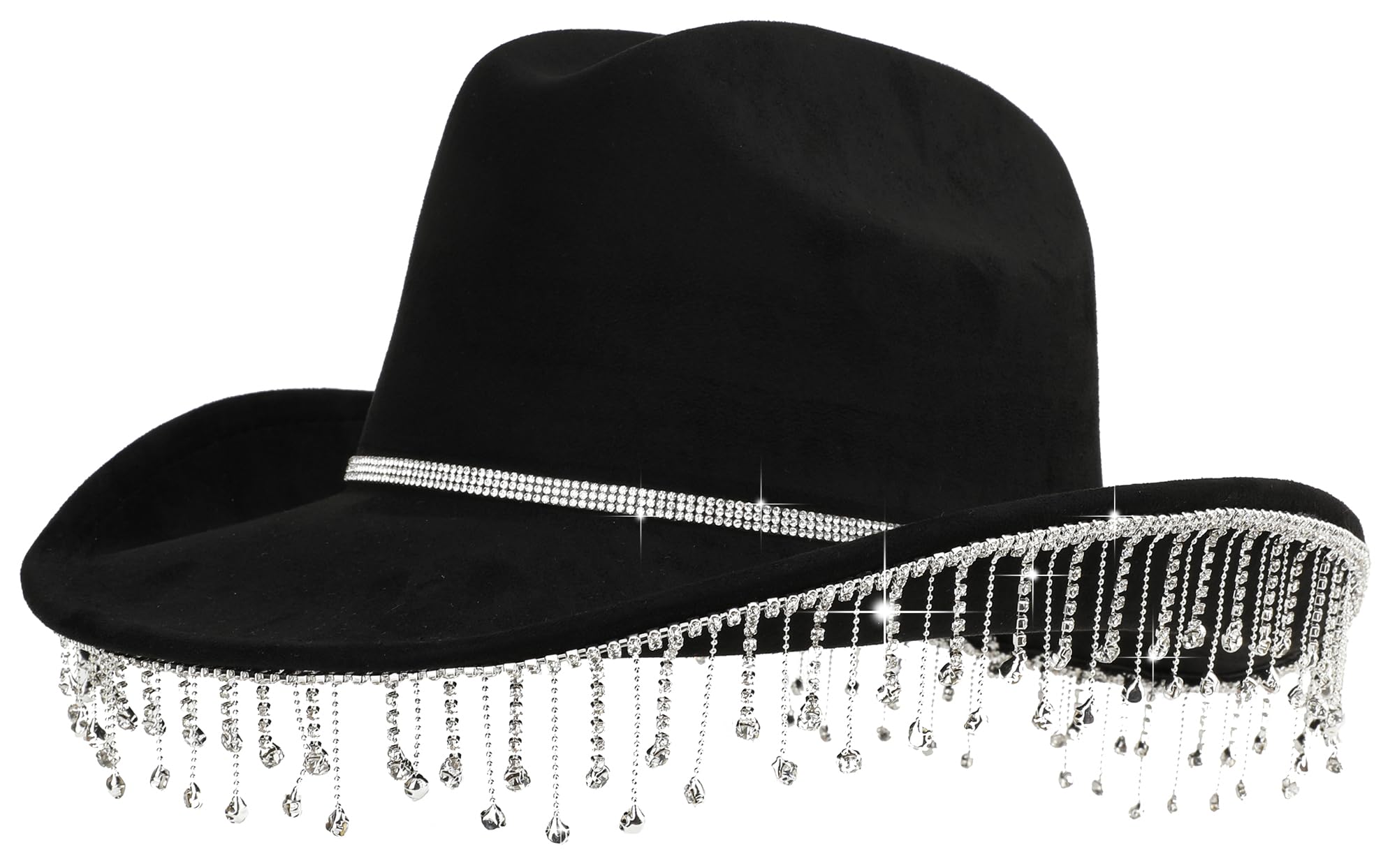 Melesh Women Cowgirl Hat Rhinestone Fringe Bling Western Cowboy Hat (Up-White)