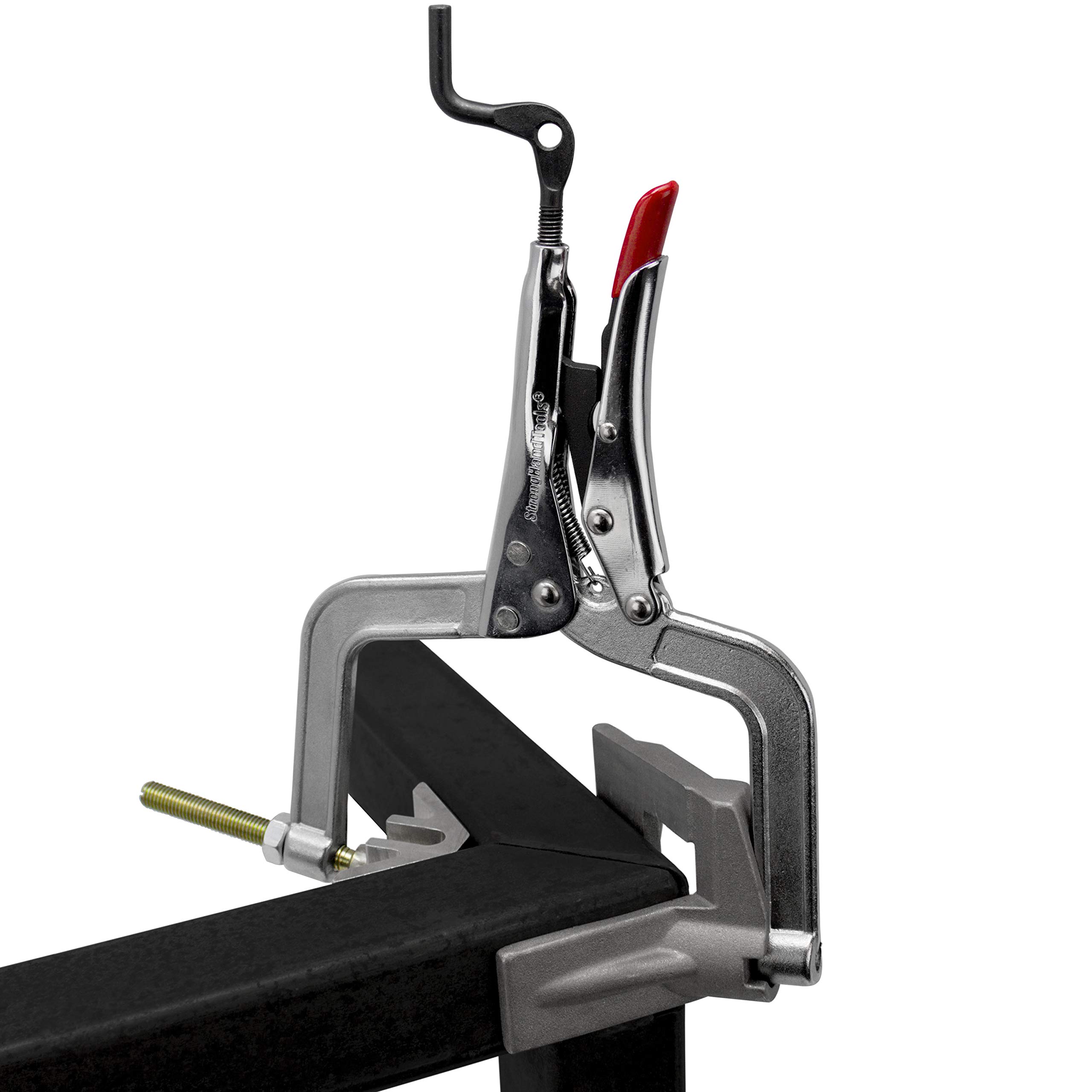 JointMaster, 90 Degree, Angle Clamping Tool, Throat Depth: 3", Max Capacity: 1-1/4", OAL: 8-1/2", Single Hand T-Joint Clamp Tool, PL634, Strong Hand Tools & Magnetic V-Pads Kit
