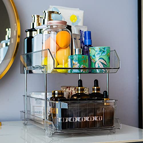 Hourleey 2 Tier Pantry Organizers and Storage, 2 Pack Clear Pull Out Kitchen Organizer and Storage with Dividers for Under Sink, Bathroom, Medicine, Cabinet, Closet Organizer