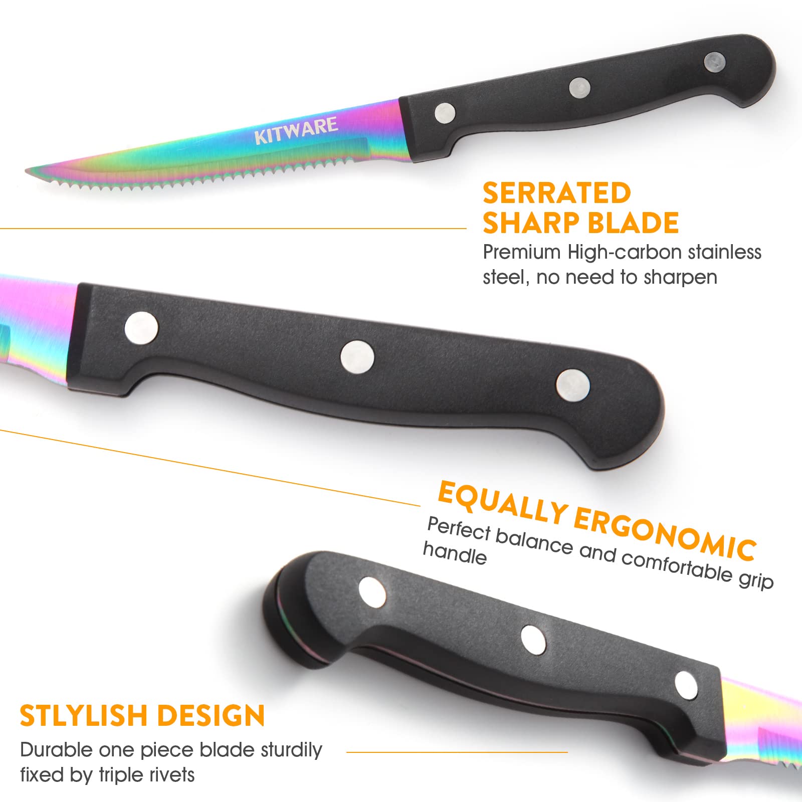 KITWARE Rainbow Steak Knife Set with Gift Box, 6-Piece Sharp Steak Sets of Knives, 4.5 Inch Stainless Steel Black Handle Meat Knifes with Serrated Egdes, Knife for Bread, Butter and Pork