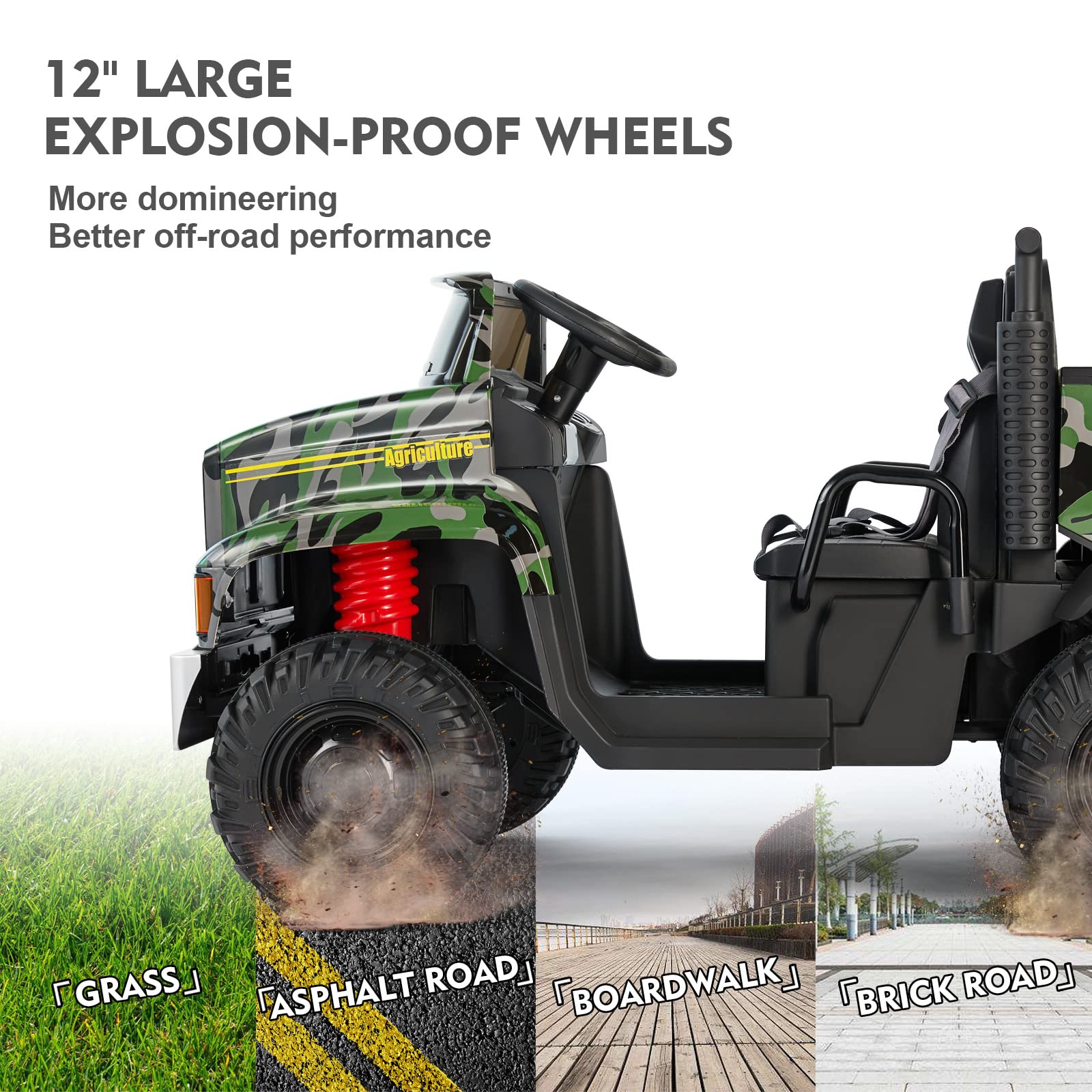 JOYLDIAS 2 Seater Ride On Car, 24V Battery-Powered Toy Tractor with Trailer, Dump Bed, Dual Motors, 4 Large Wheels, 2.4G Remote Control, 3 Speeds, Bluetooth, Camo Green, 47 * 31 * 27 inches