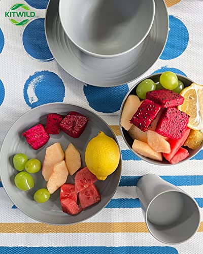 KITWILD Wheat Straw Dinnerware Sets, 12-Piece Lightweight Plastic Dinnerware Set with 8.9 Inch Unbreakable Plates, Bowl Set and Cup Set, BPA free, Dishwasher & Microwave Safe, Service for 4 - Grey