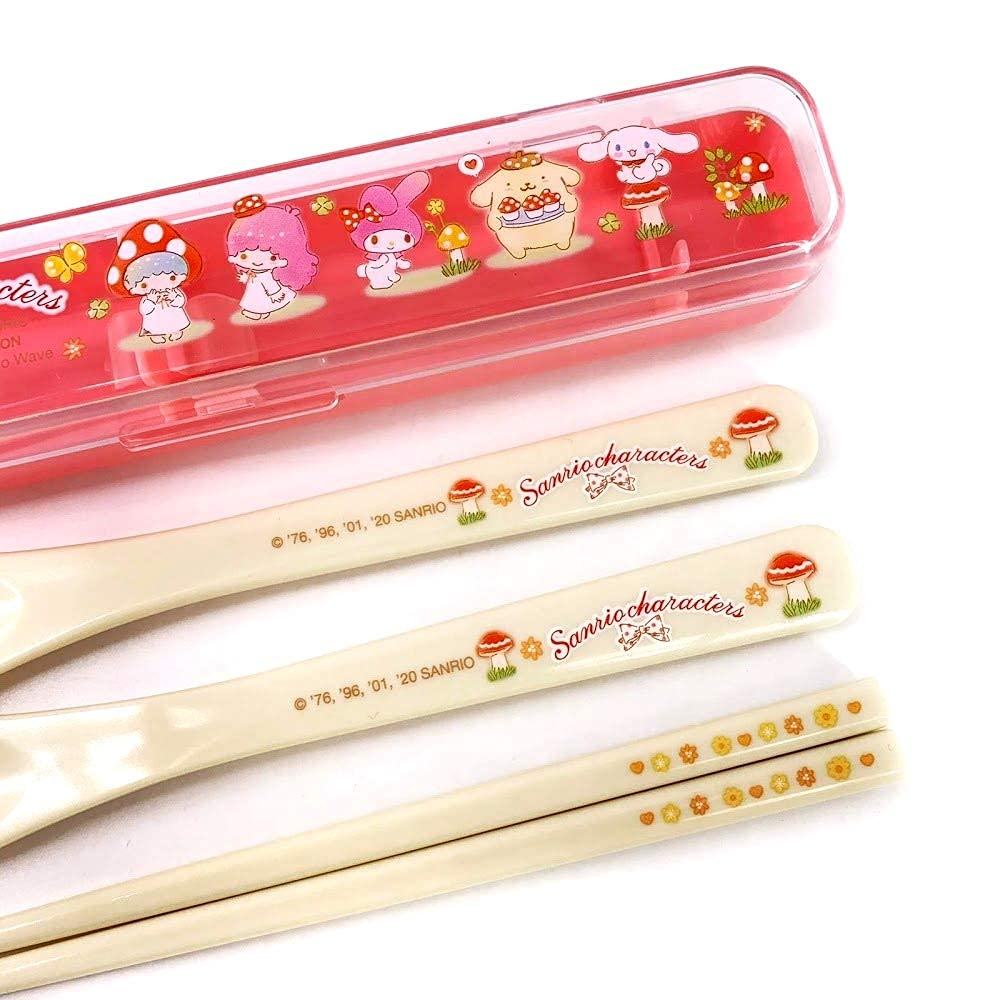 Kawaii Kitty Cat & Friends Mix Characters Trio Cutlery Set ABS-resin Fork Spoon Chopsticks In Case Box Portable Flatware 7.3"