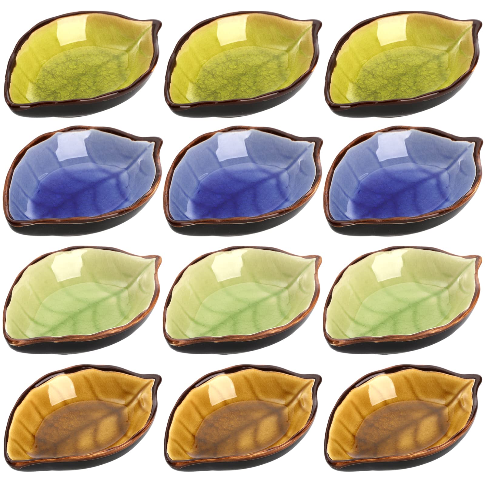 Jucoan 12 Pack Ceramic Soy Sauce Dish, Vintage Leaf Shape Dipping Sauce Dishes, Mini Side Seasoning Dish for Sushi Appetizer Japanese Style, 4 Assorted Colors