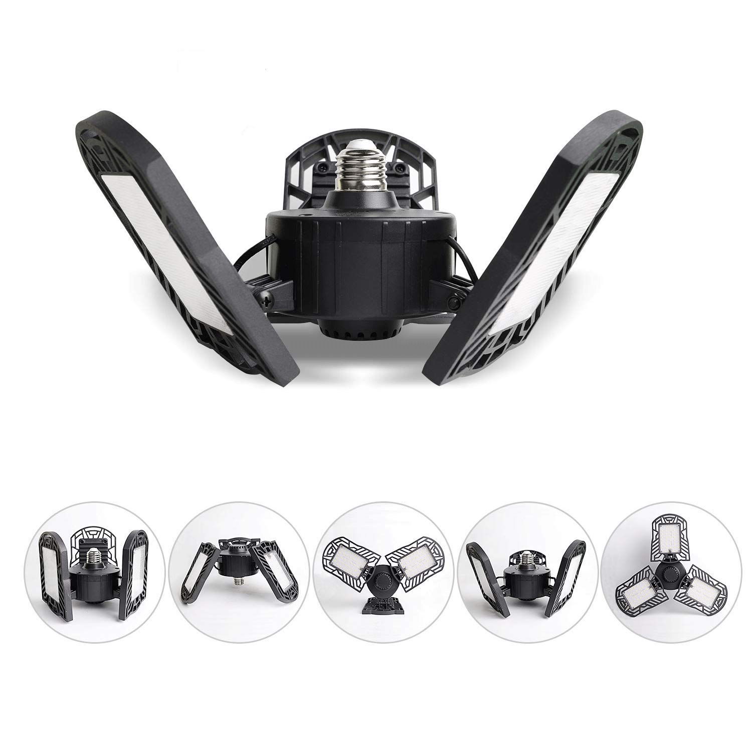 HANJION Garage Light LED Garage Light E26/E27 Garage Lights 100W Deformable LED Garage Lighting with 3 Adjustable Panels 6000K Daylight White , 10000LM LED Shop Lights for Garage, Barn, Shop