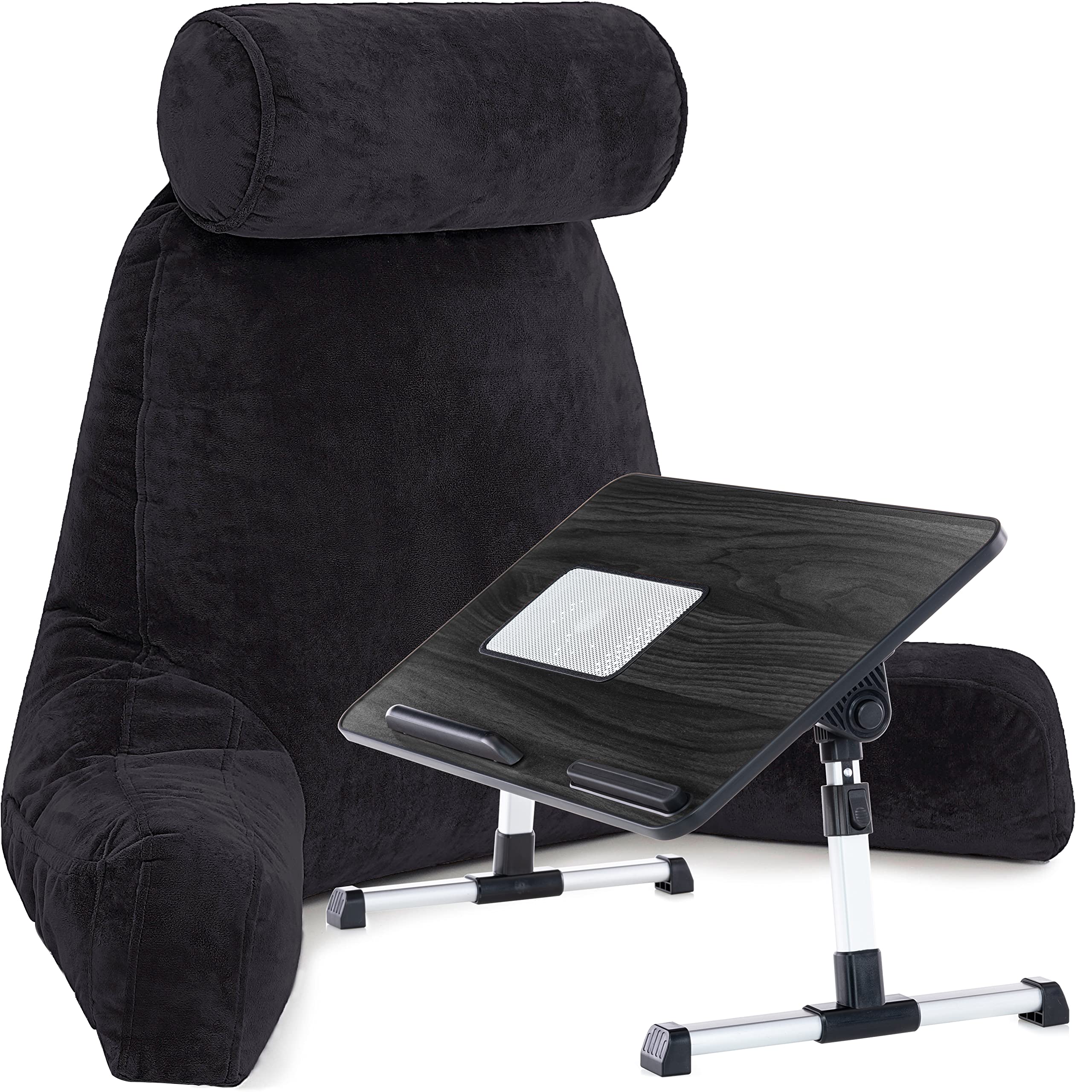Husband Pillow Combo - Backrest Pillow with Arms : XXL Black & Lap Desk Bed Tray : Grey - Memory Foam Reading Pillows for Bed w/Removable Neck Roll & Laptop Bed Tray Table