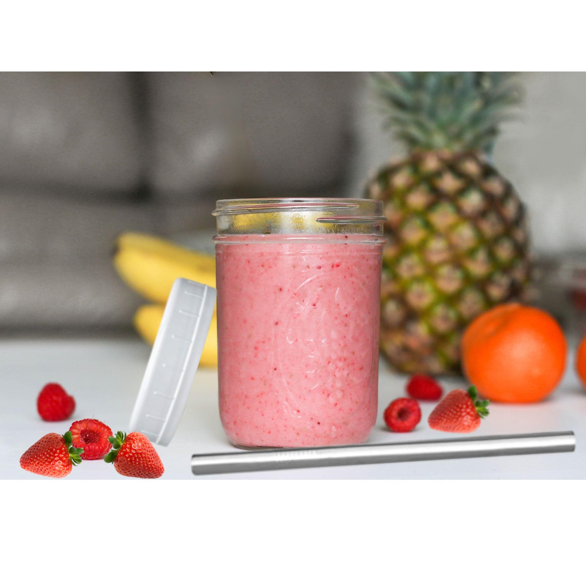 Jarming Collections Travel Glass Reusable Smoothie Cups with Lids and Straws - Glass Smoothie - Mason Jar with Lid and Straw, Freezer Safe Smoothie Wide Mouth Mason Jar Drinking Glasses, (2, 16oz)