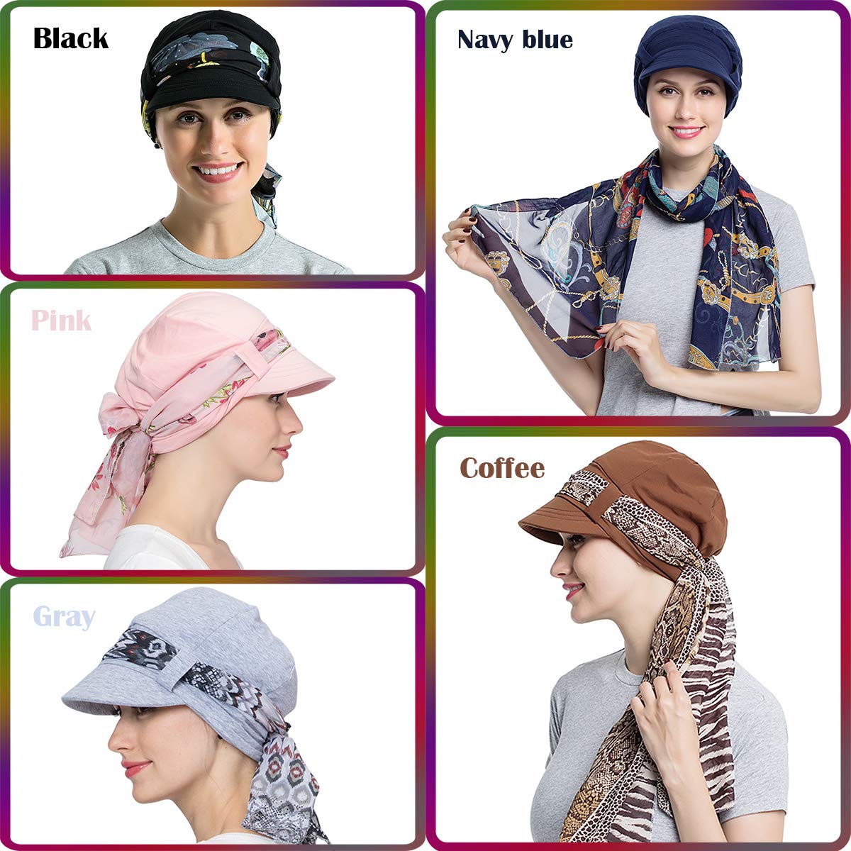 JarseHera Chemo Hats for Women Bamboo Cotton Lined Newsboy Caps with Scarf Double Loop Headwear for Cancer Hair Loss Light Gray