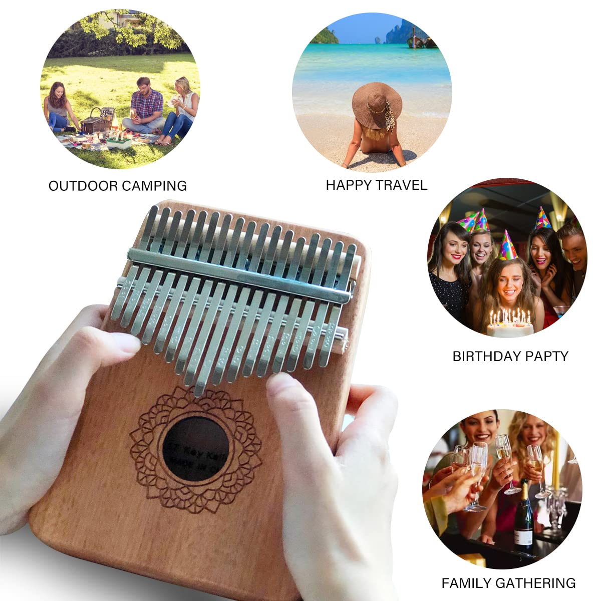 Kalimba Thumb Piano 17-Key Solid Wood Portable Instrument, Suitable for Children and Adults, from Beginners to Professionals (Disc Blossom log color)