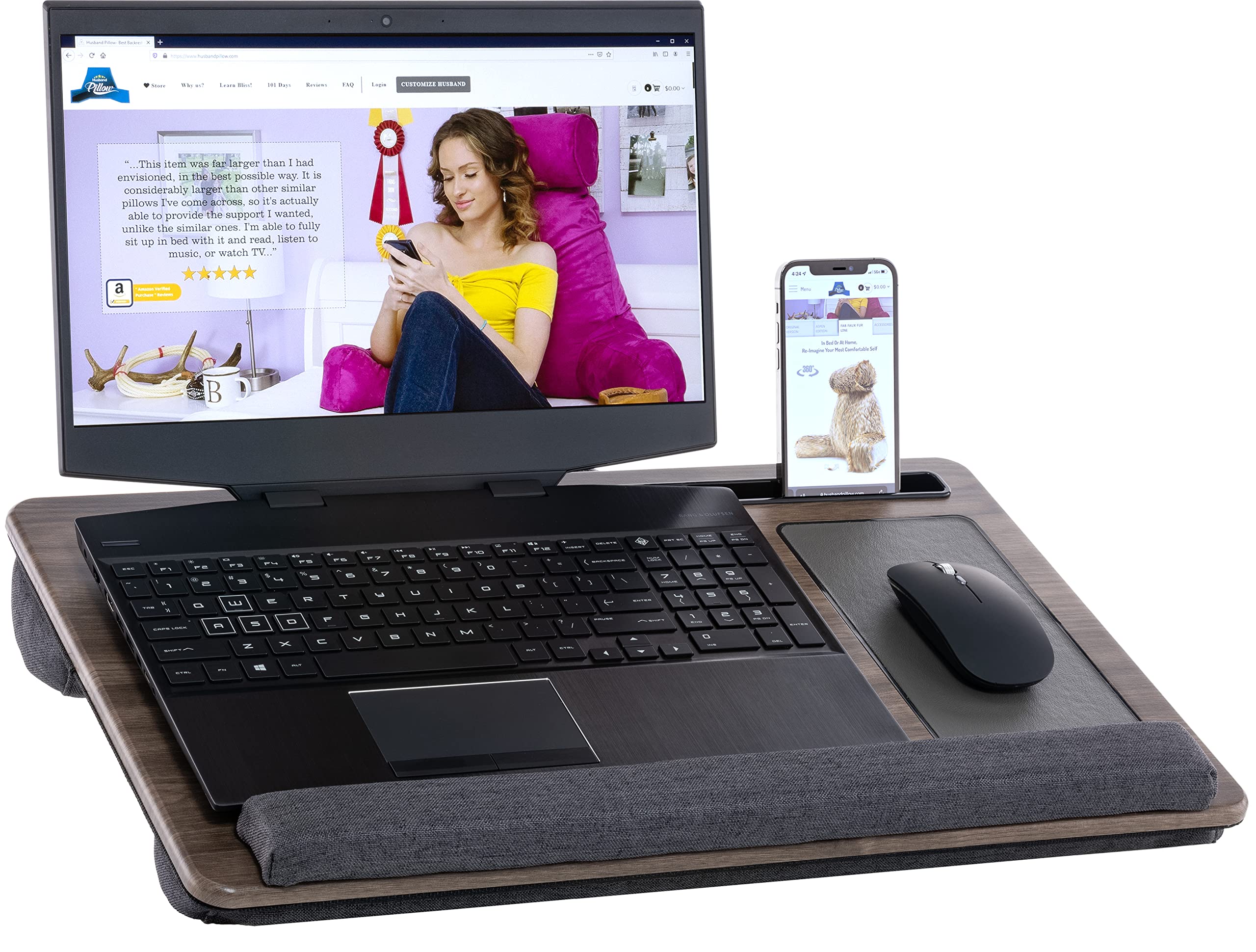 Husband Pillow Combo - Backrest Pillow with Arms : Medium Red & Foldable Laptop Tray : Gray - Memory Foam Reading Pillows for Bed w/Removable Neck Roll & Laptop Bed Tray Table