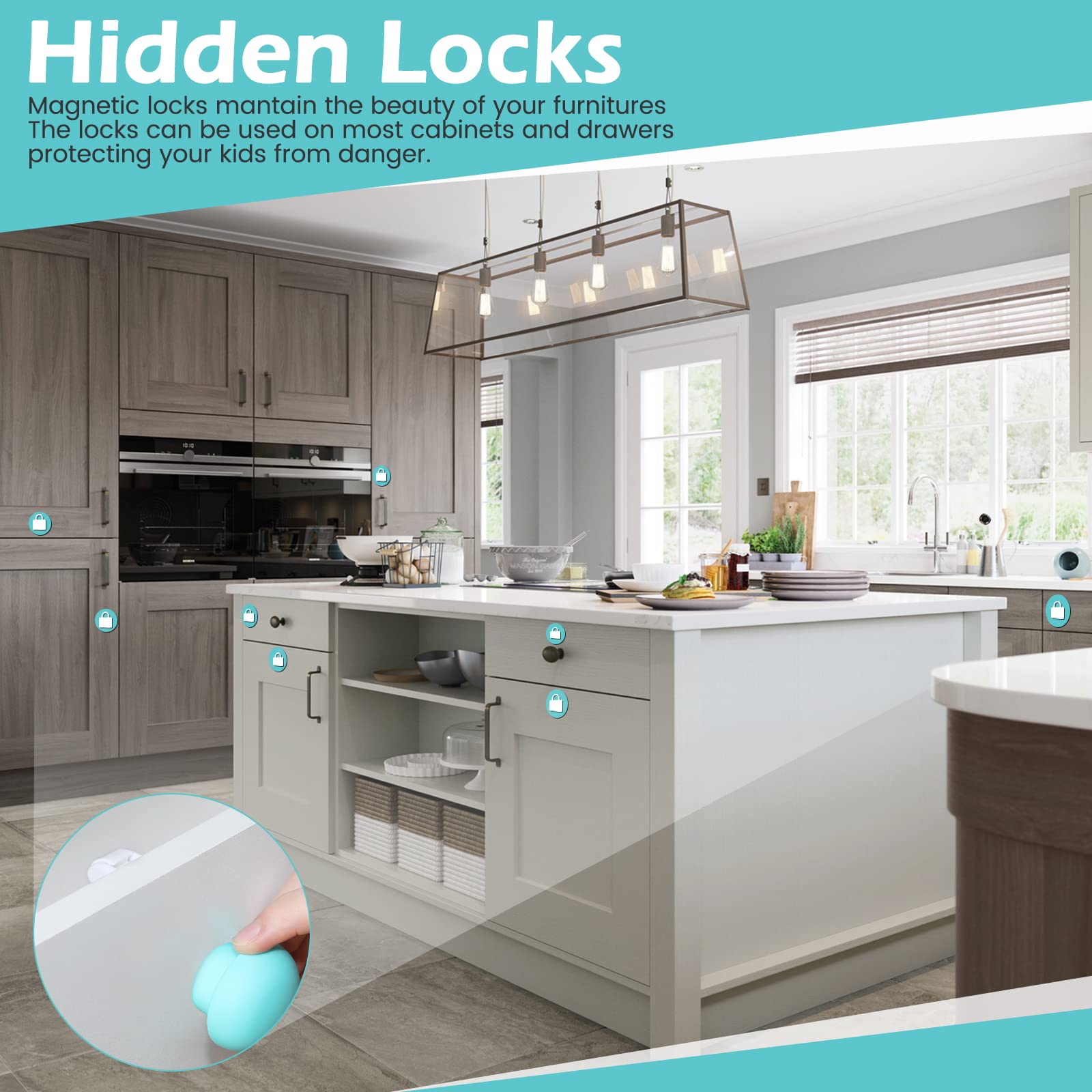 Magnetic Cabinet Locks Baby Proofing 12 Pack, Children Proof Cupboard Drawers Latches, Adhesive Easy Installation No Drilling Required(12 Locks and 2 Keys)