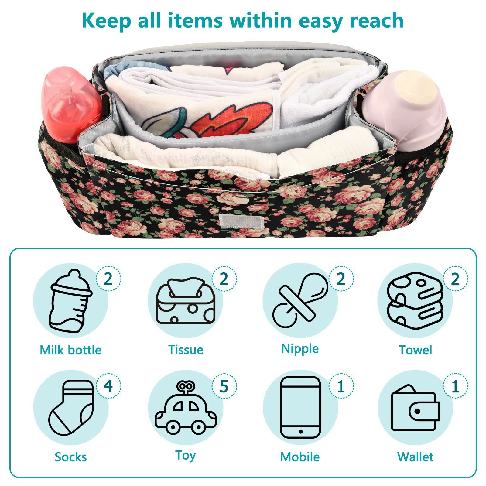 Kigai Roses Baby Stroller Organizer with Cup Holders, Secure Hooks Accessories Adjustable Strap Stroller Bag for Bottle, Diaper, Phone, Toys, Baby Items