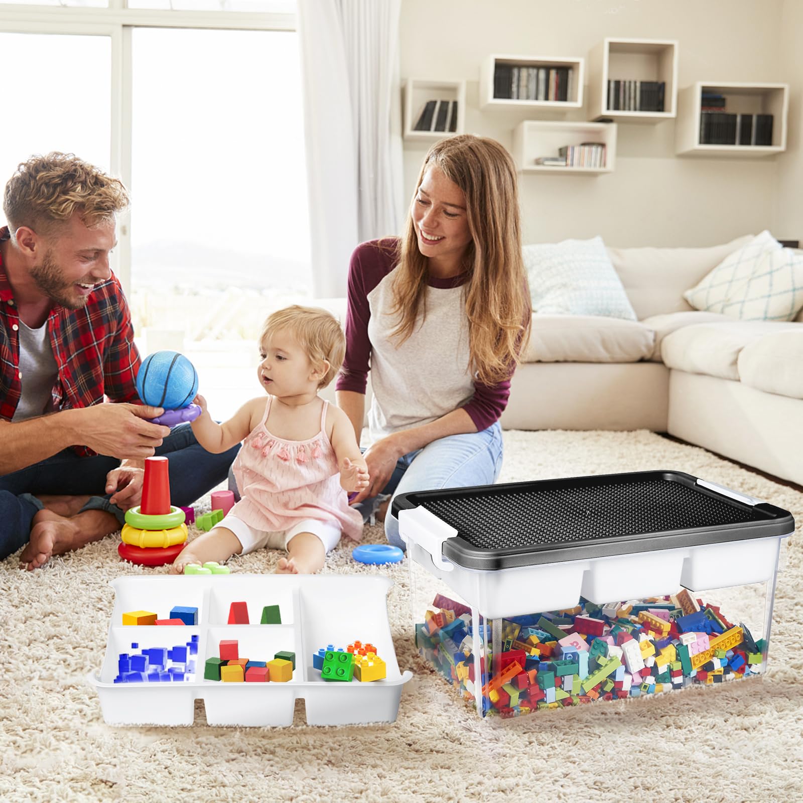 Loobuu 3 Pack Art Craft Storage Organizer Box with Building Baseplate Lid and Removable Tray-17QT Clear Plastic Stackable Container Bin for Organizing Toy/Sewing/Bead/Tool/Playdoh(15.94"x11.61"x7.28")